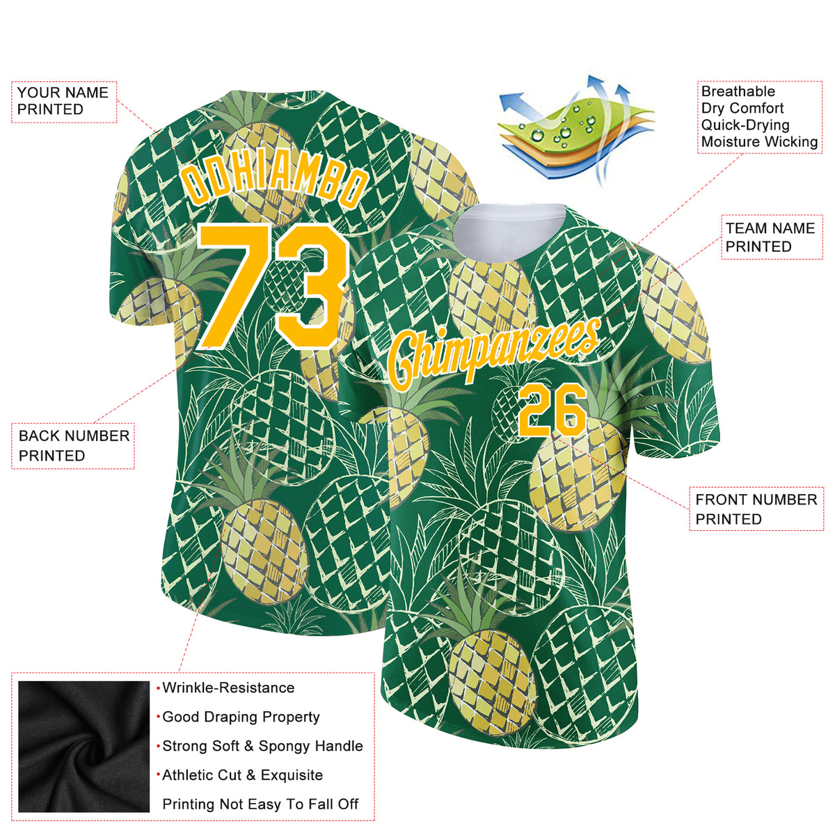 Custom Kelly Green Gold-White 3D Pattern Design Summer Holiday Pineapple Performance T-Shirt ...
