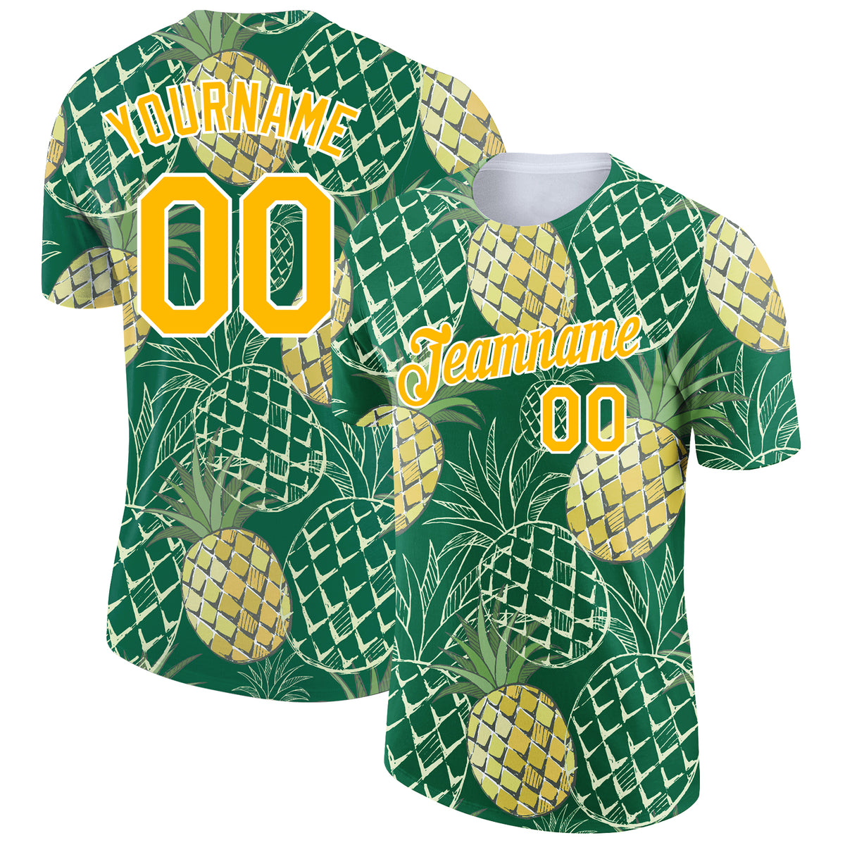 Custom Kelly Green Gold-White 3D Pattern Design Summer Holiday Pineapple Performance T-Shirt ...
