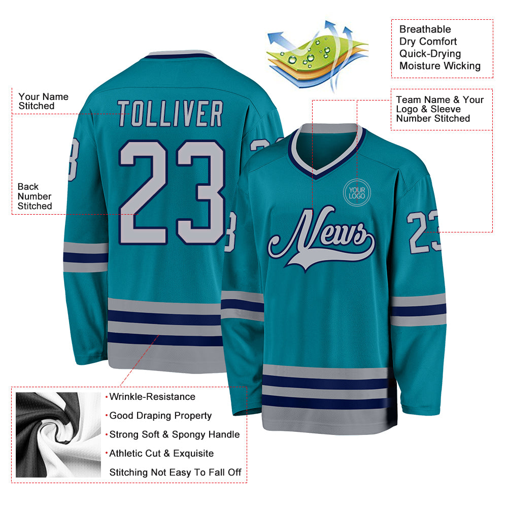 Custom Teal Gray-Navy Hockey Jersey Free Shipping – Fiitg