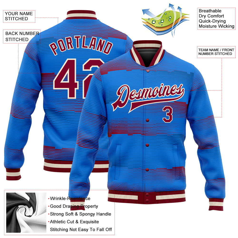 Custom Royal Crimson-Cream 3D Pattern Design Bomber Full-Snap Varsity Letterman Jacket Free ...