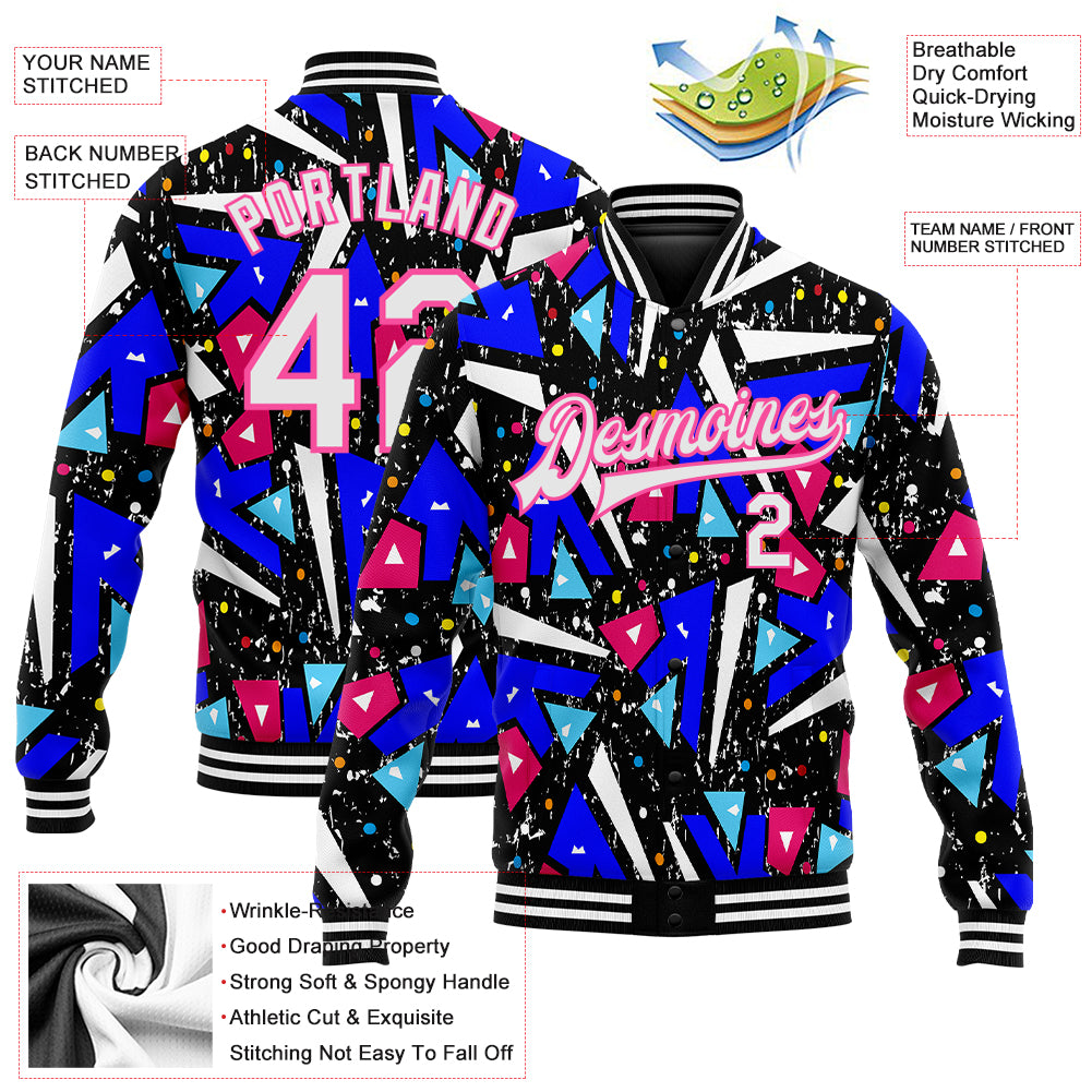 Custom Graffiti Pattern White-Pink Modern Geometric Grunge Art 3D Bomber Full-Snap Varsity ...