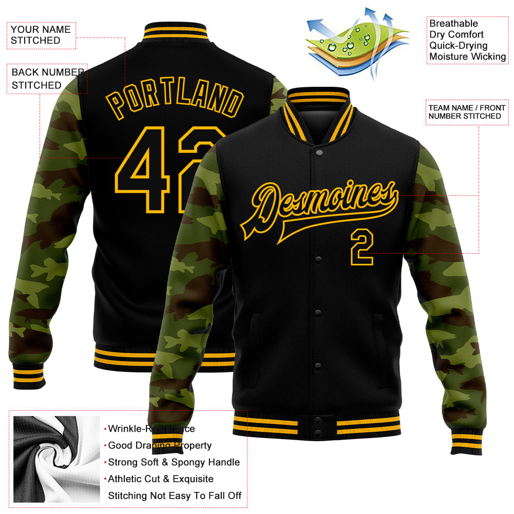 Custom Black Gold Fish Camo Sleeves 3D Pattern Design Bomber Full-Snap Varsity Letterman Jacket ...
