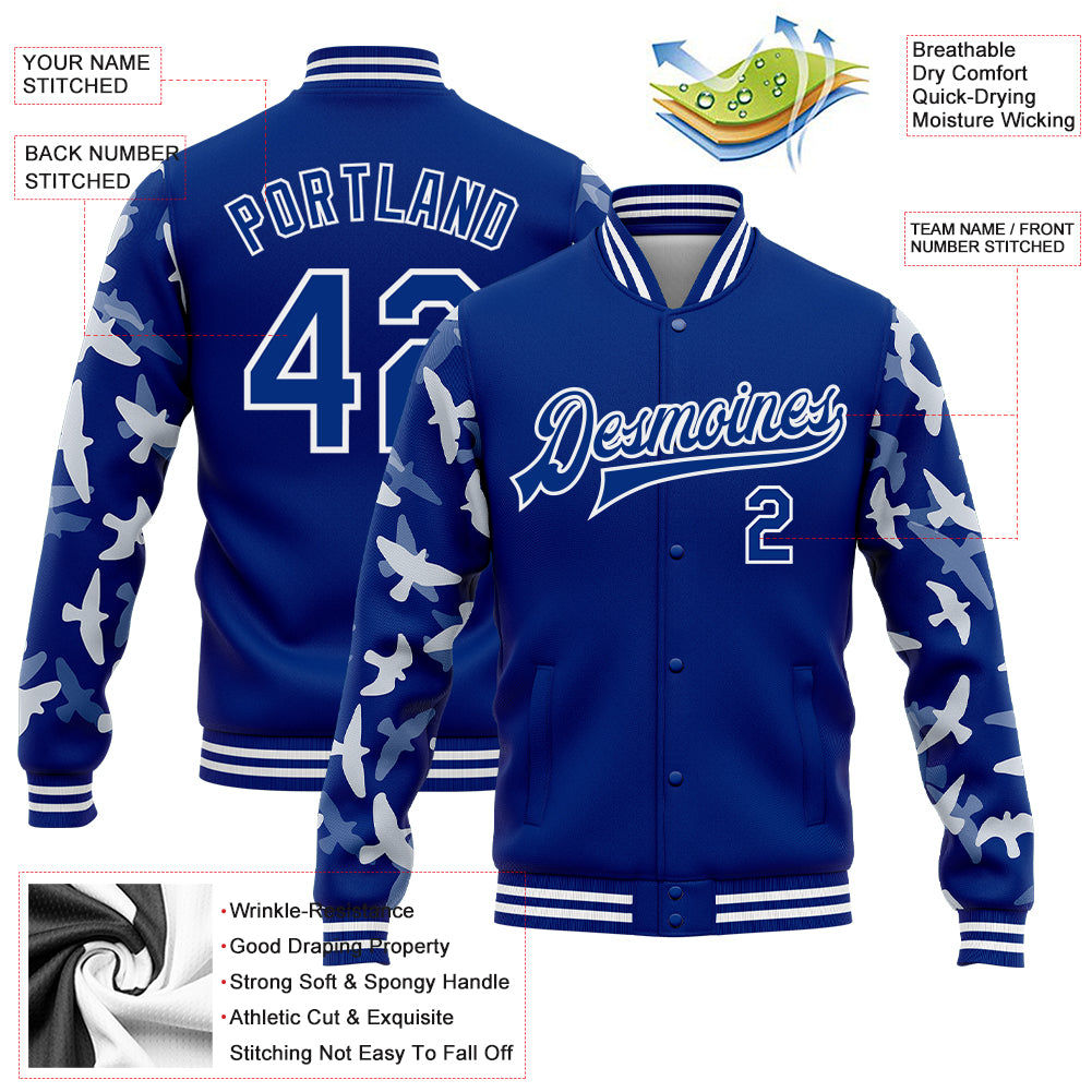 Custom Royal White Flying Bird Sleeves 3D Pattern Design Bomber Full-Snap Varsity Letterman ...