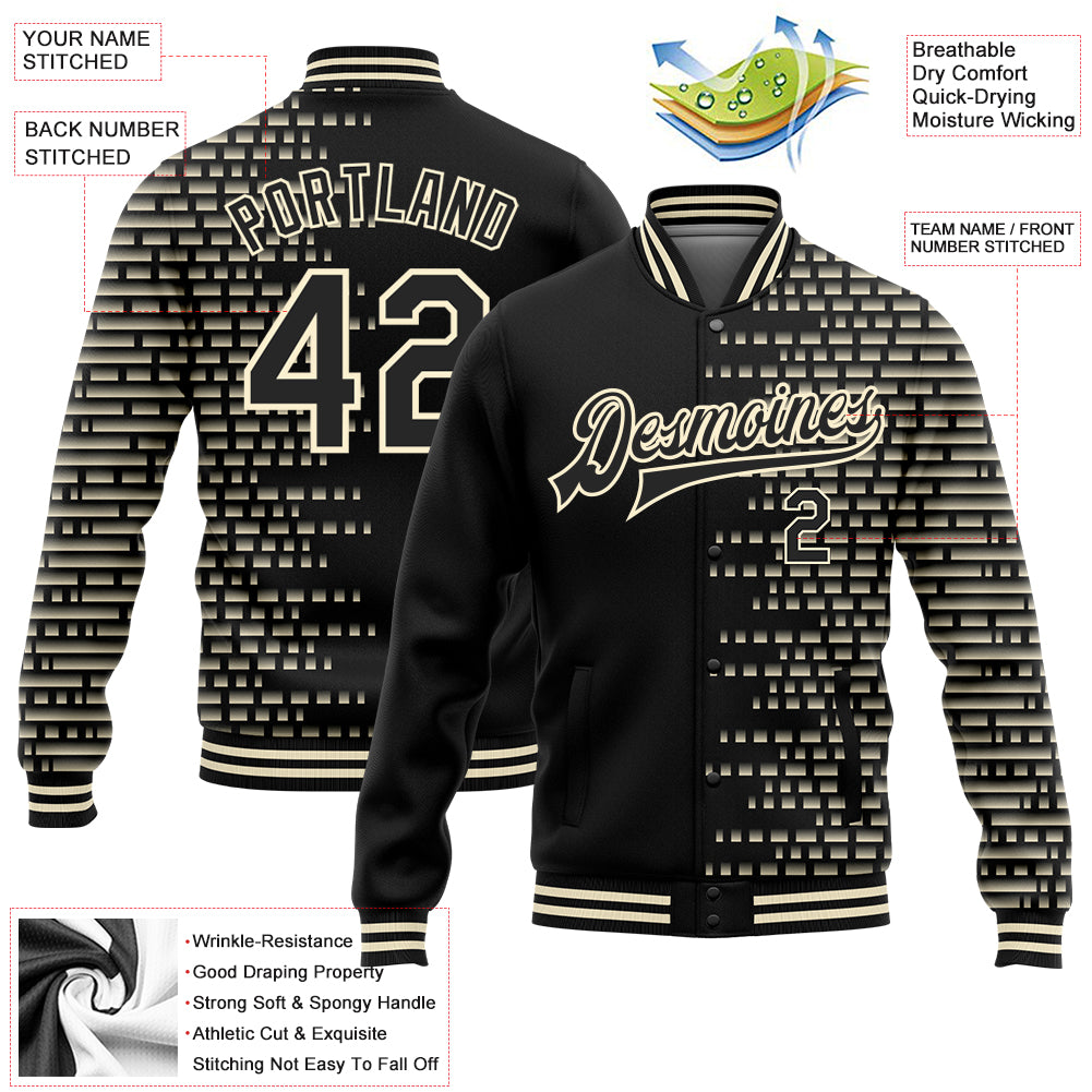 Custom Black Cream Halftone 3D Pattern Design Bomber Full-Snap Varsity Letterman Jacket Free ...