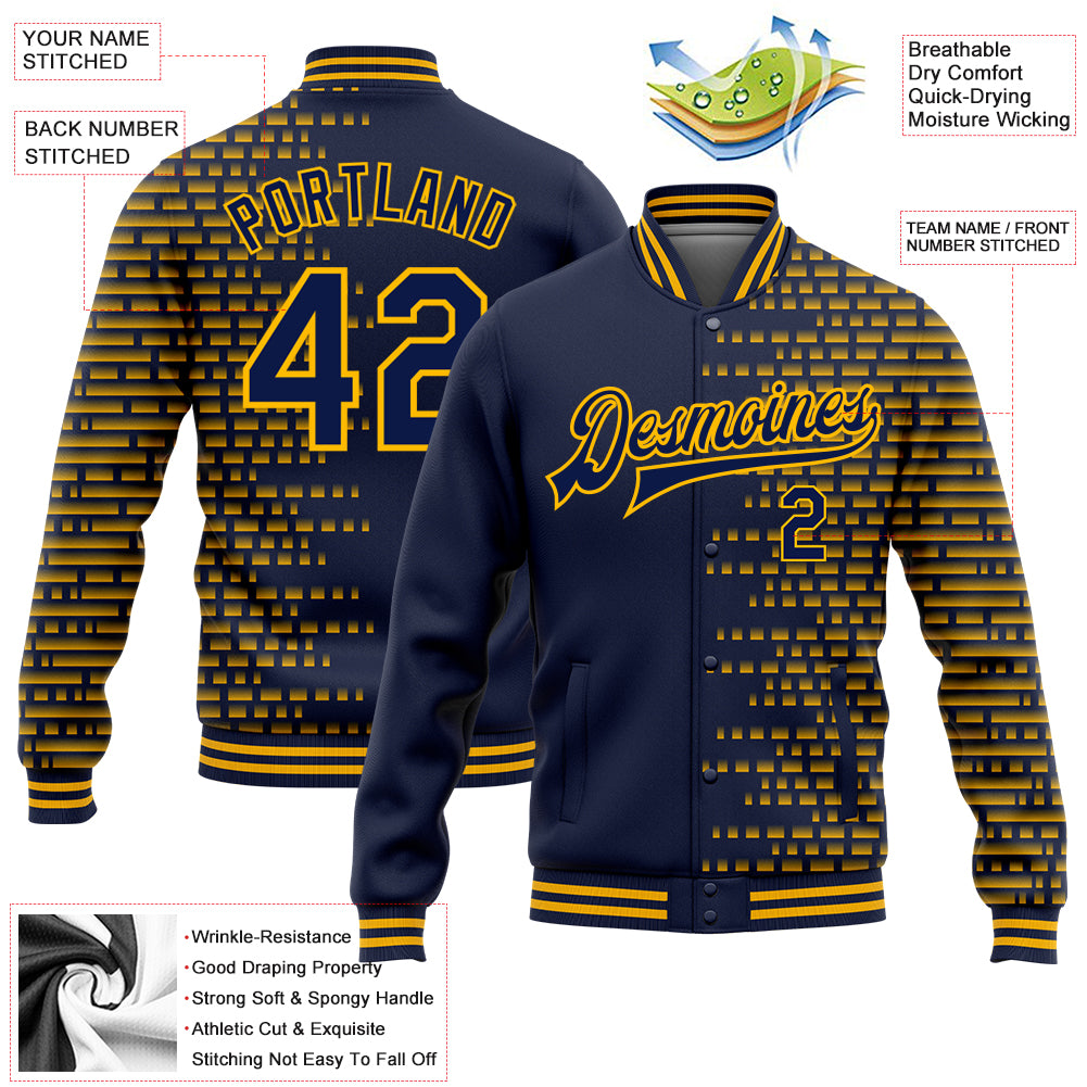 Custom Navy Gold Halftone 3D Pattern Design Bomber Full-Snap Varsity Letterman Jacket Free ...