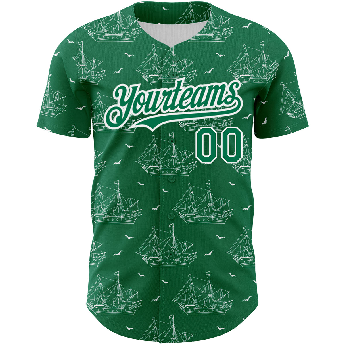 Custom Kelly Green White 3D Pattern Design Ship Frigate With Seagulls ...