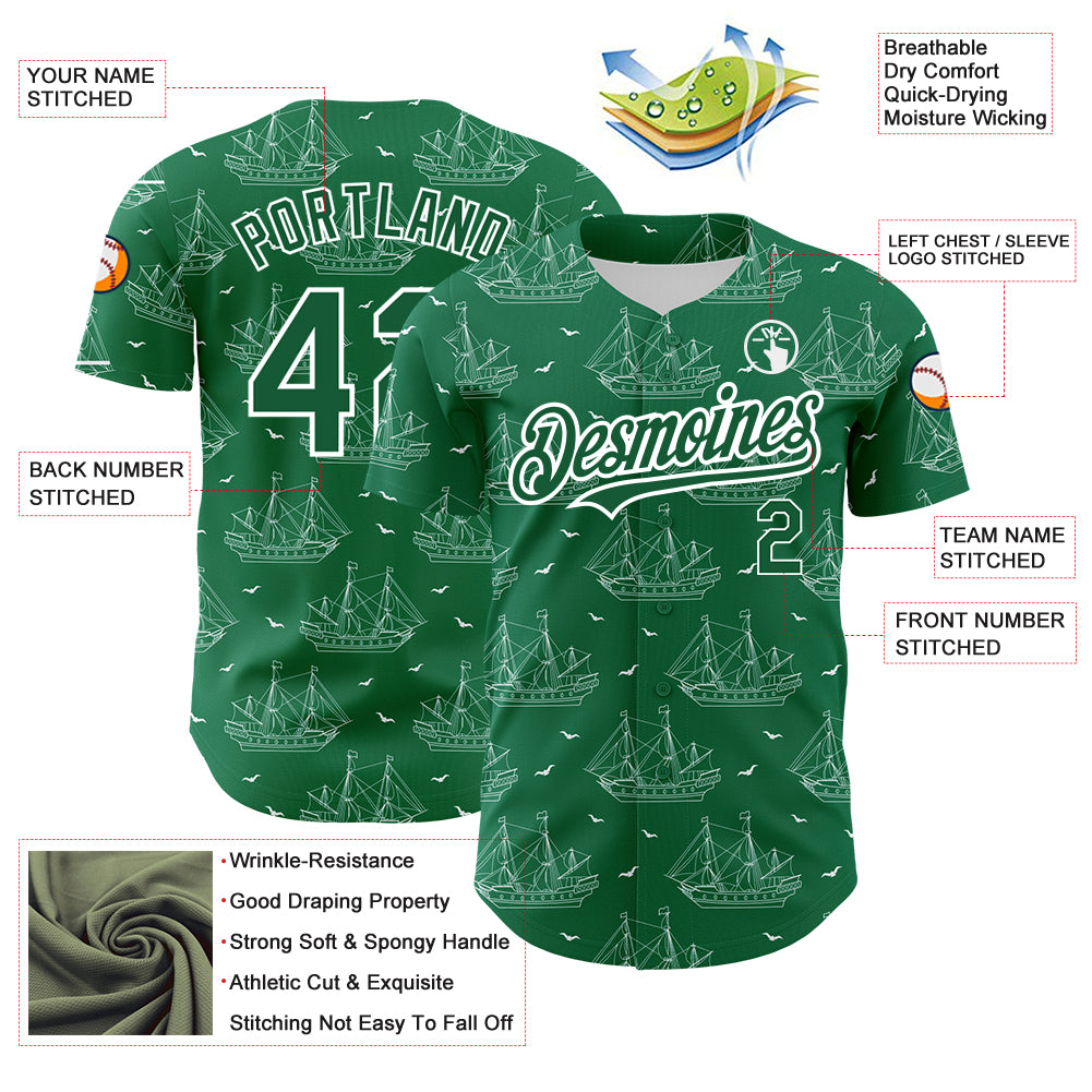 Custom Kelly Green White 3D Pattern Design Ship Frigate With Seagulls ...