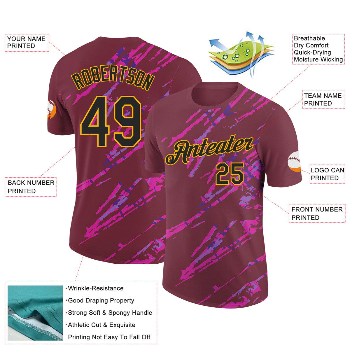 Custom Burgundy Black Gold-Deep Pink 3D Esports Performance T-Shirt ...