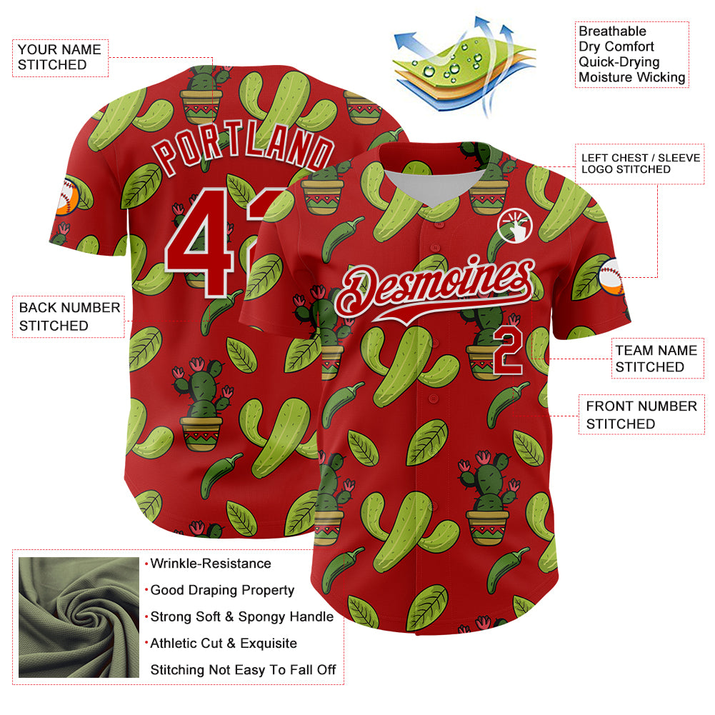 Custom Red White 3D Mexican Cactus Authentic Baseball Jersey Free ...