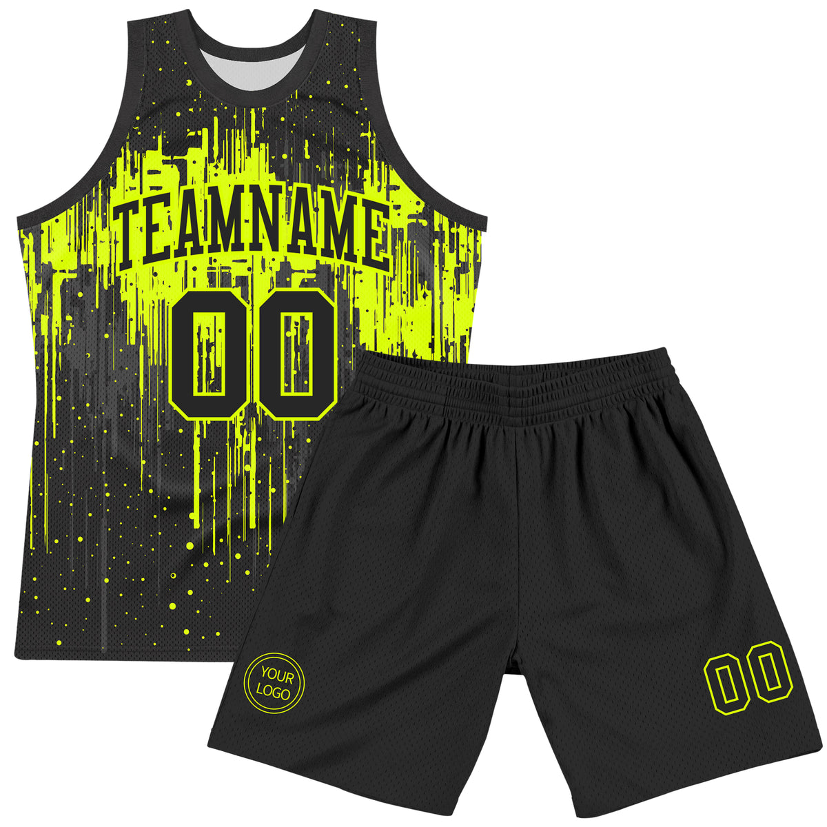 Custom Black Neon Green Dripping Splatter Art Round Neck Sublimation ...