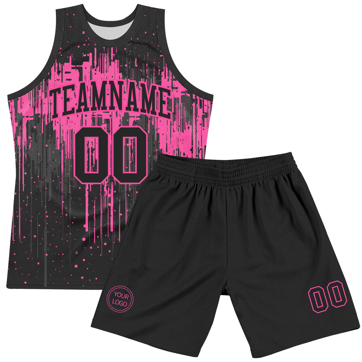 Custom Black Pink Dripping Splatter Art Round Neck Sublimation ...
