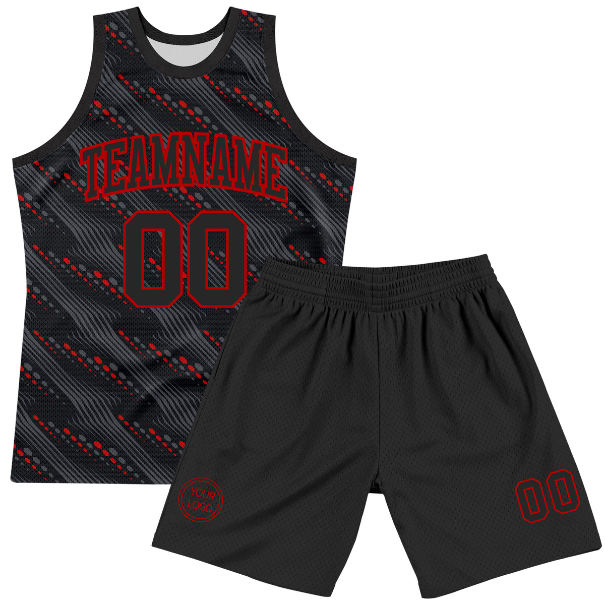 Custom Black Red Slant Lines Round Neck Sublimation Basketball Suit ...