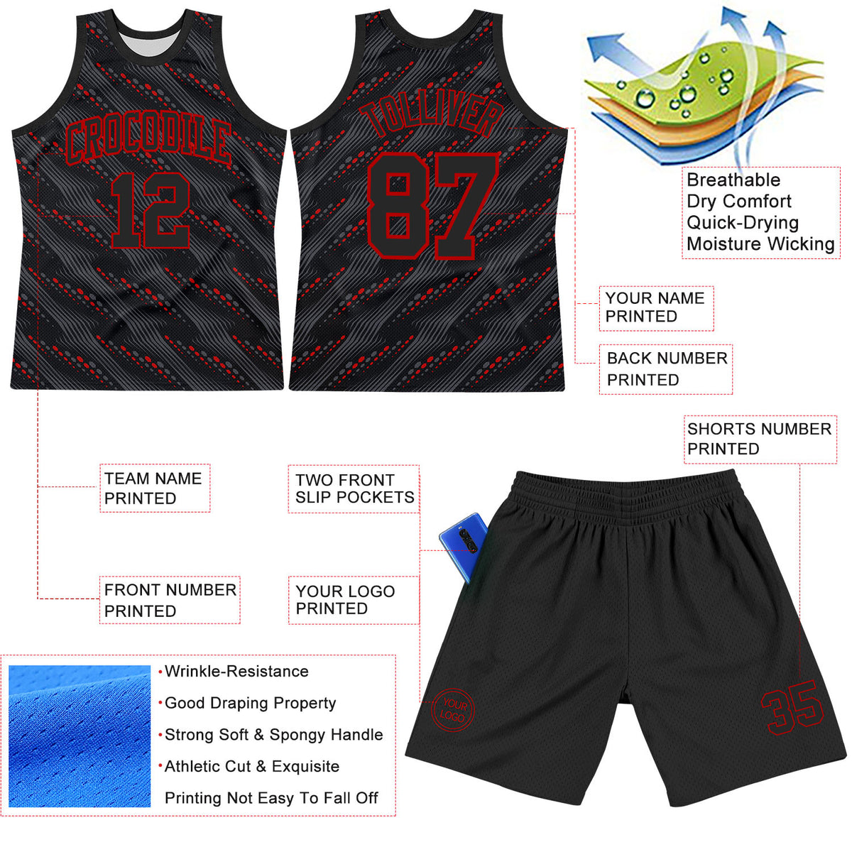 Custom Black Red Slant Lines Round Neck Sublimation Basketball Suit ...