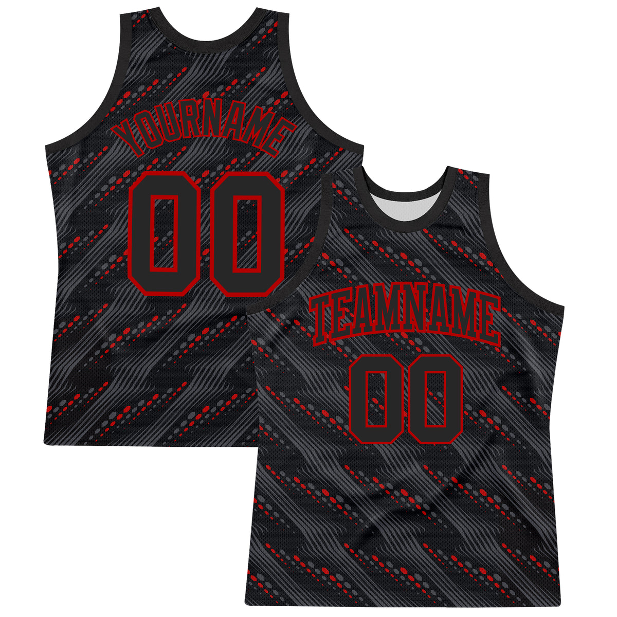 Custom Black Red Slant Lines Round Neck Sublimation Basketball Suit ...