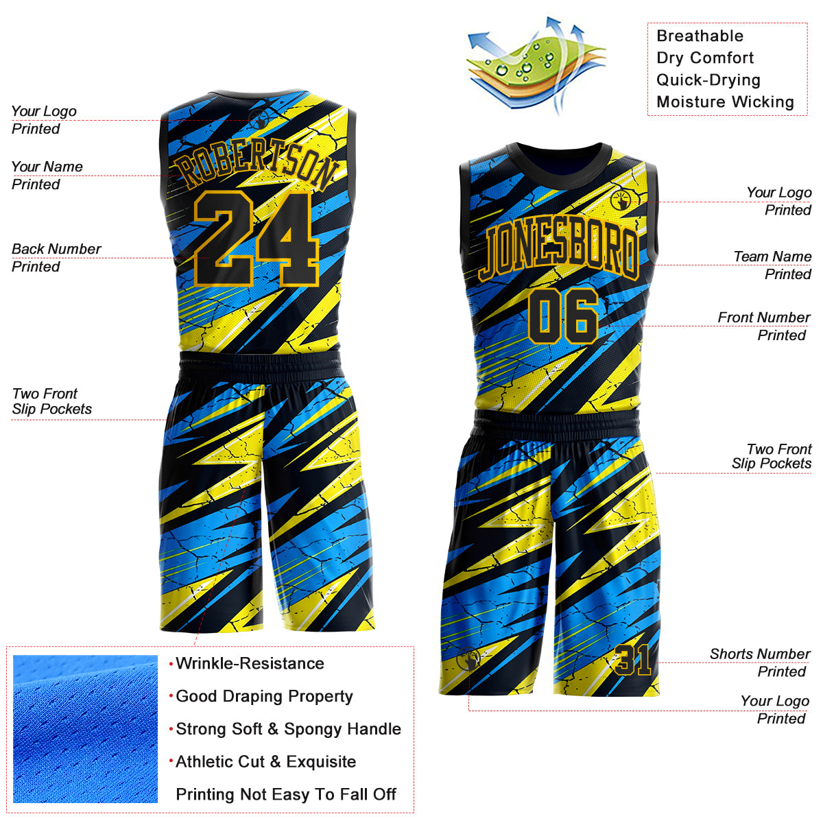 Custom Basketball Uniform Geometric Lightning Jersey Blue Black-Yellow ...