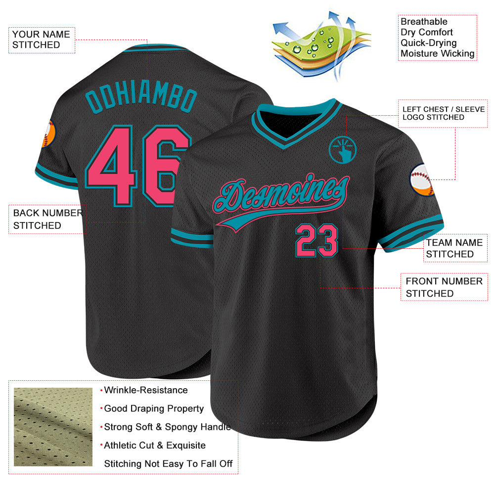 Custom Black Neon Pink-Teal Authentic Throwback Baseball Jersey Free ...