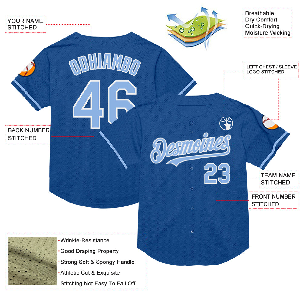 Custom Blue Light Blue-White Mesh Authentic Throwback Baseball Jersey ...