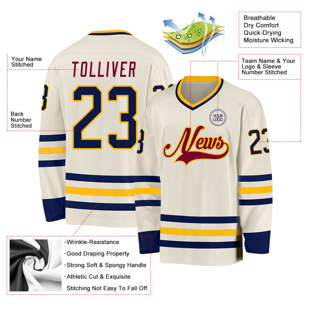 Custom Cream Navy Gold-Maroon Hockey Jersey Free Shipping – Fiitg