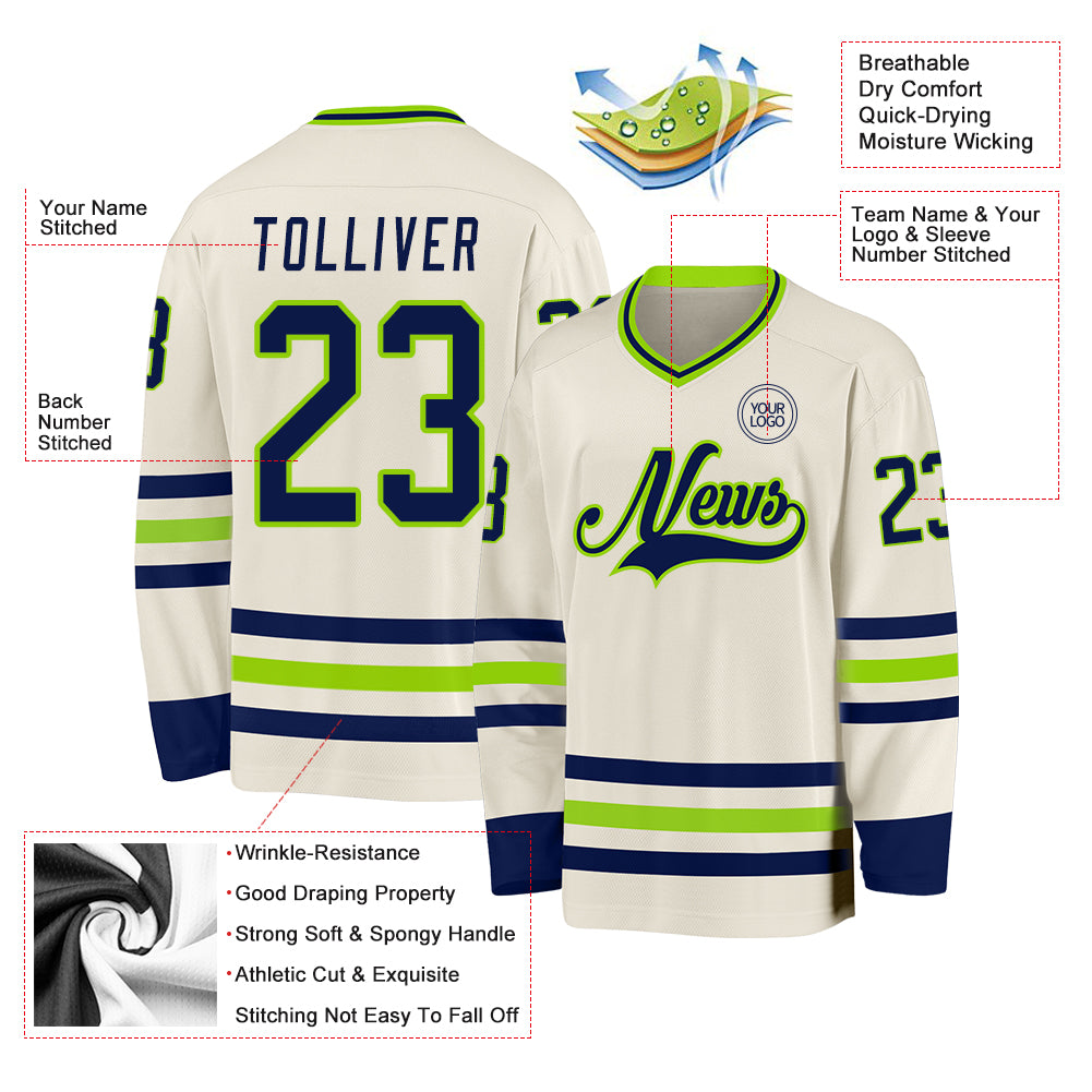 Custom Cream Navy-Neon Green Hockey Jersey Free Shipping – Fiitg