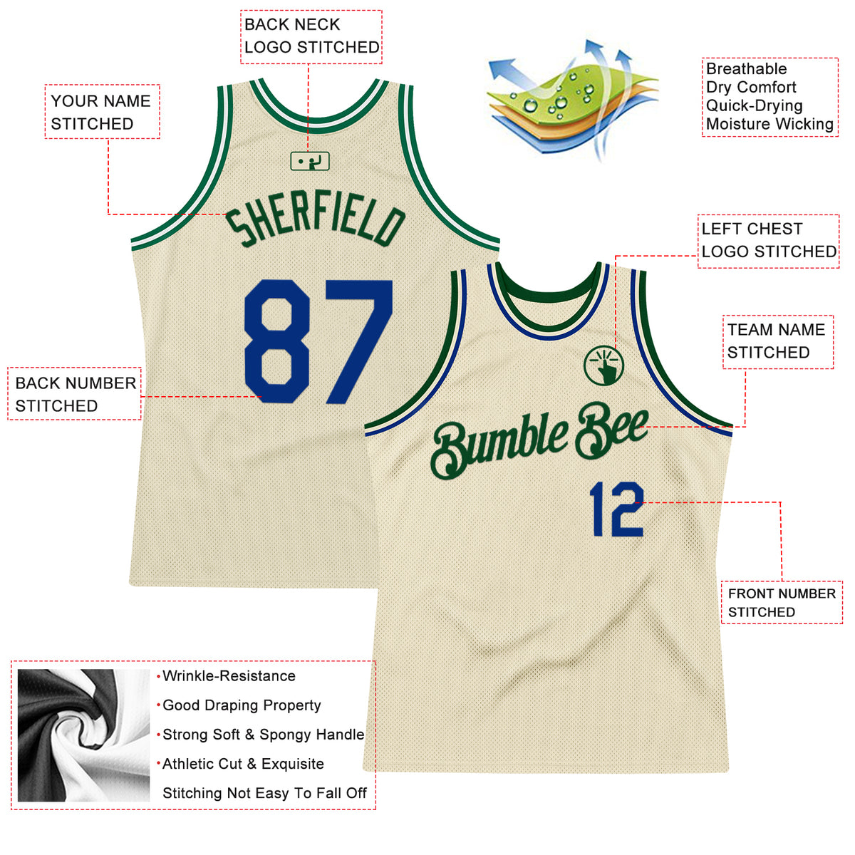 Custom Cream Royal-Green Authentic Throwback Basketball Jersey Free ...