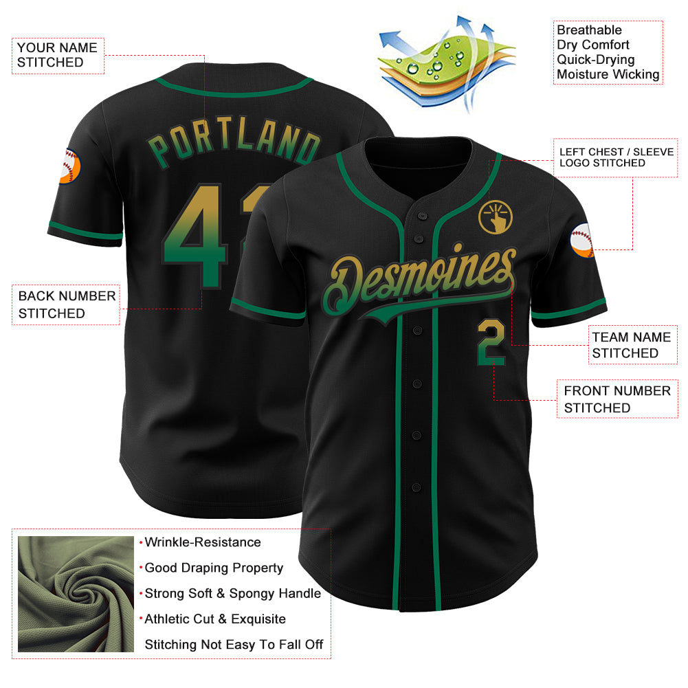 Custom Black Old Gold-Kelly Green Authentic Fade Fashion Baseball ...