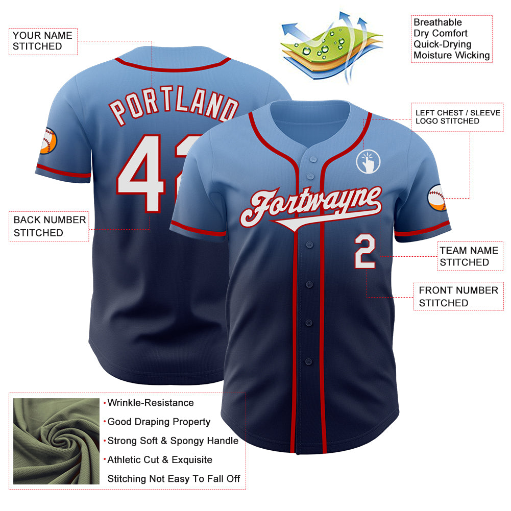 Custom Light Blue Navy-Red Authentic Fade Fashion Baseball Jersey Free ...