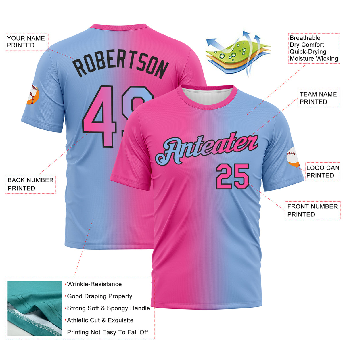 Custom Light Blue Pink-Black Gradient Fashion Performance T-Shirt Free ...