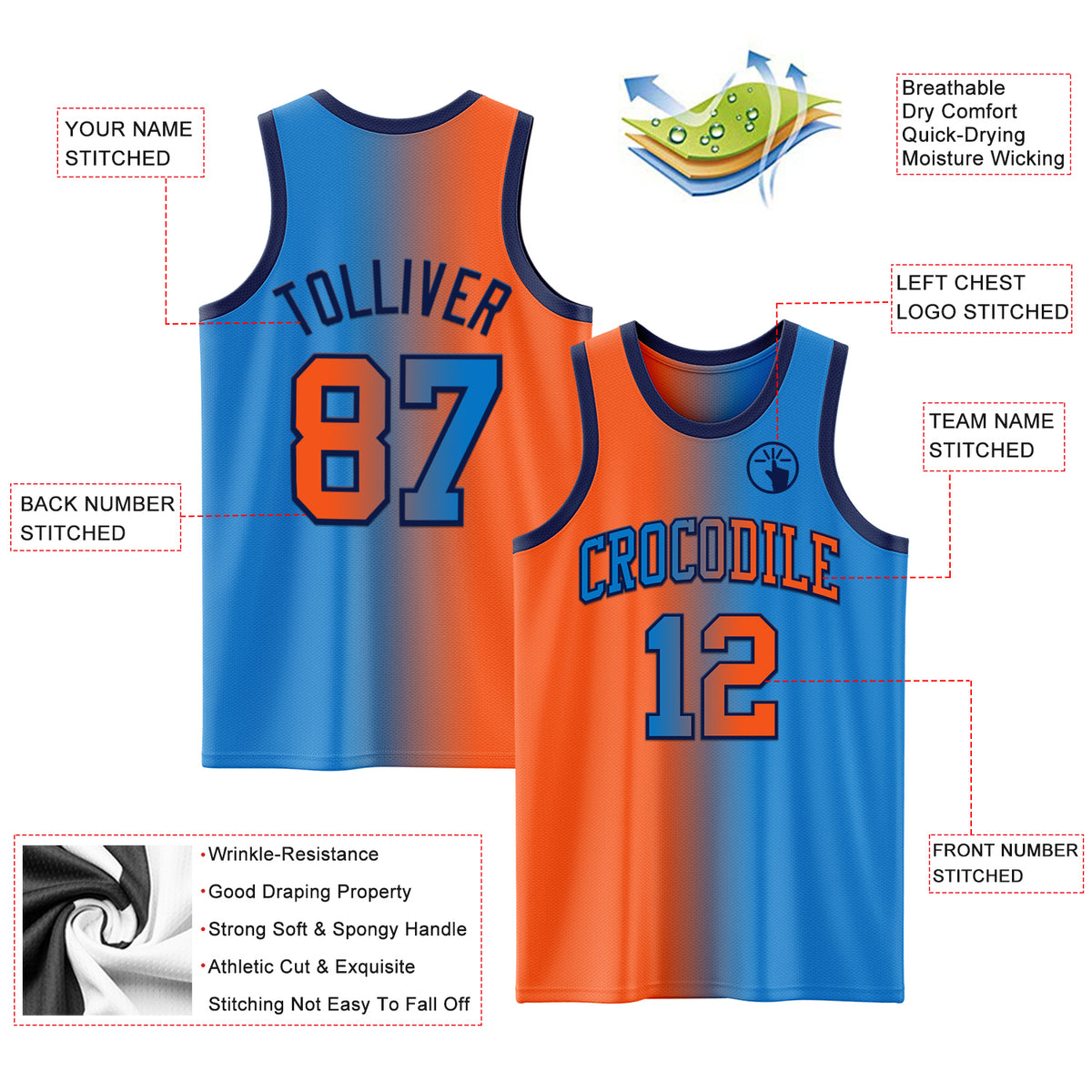 Custom Powder Blue Orange-Navy Authentic Gradient Fashion Basketball ...