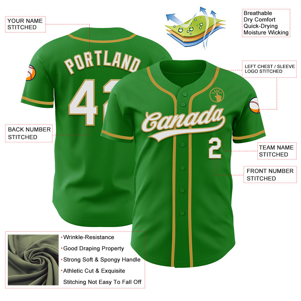 Custom Grass Green White-Old Gold Authentic Baseball Jersey Free ...