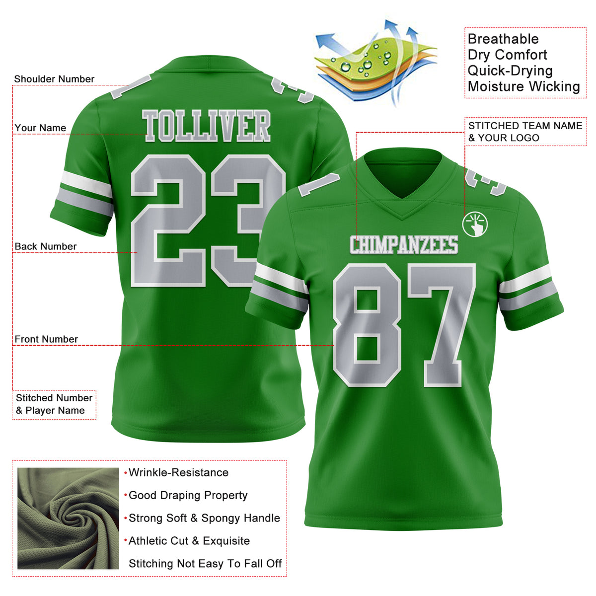 Custom Grass Green Gray-White Mesh Authentic Football Jersey Free ...