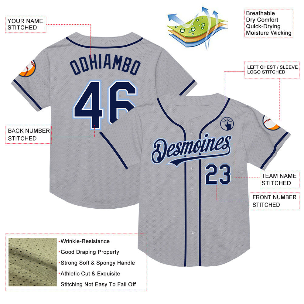 Custom Gray Navy-Light Blue Mesh Authentic Throwback Baseball Jersey ...