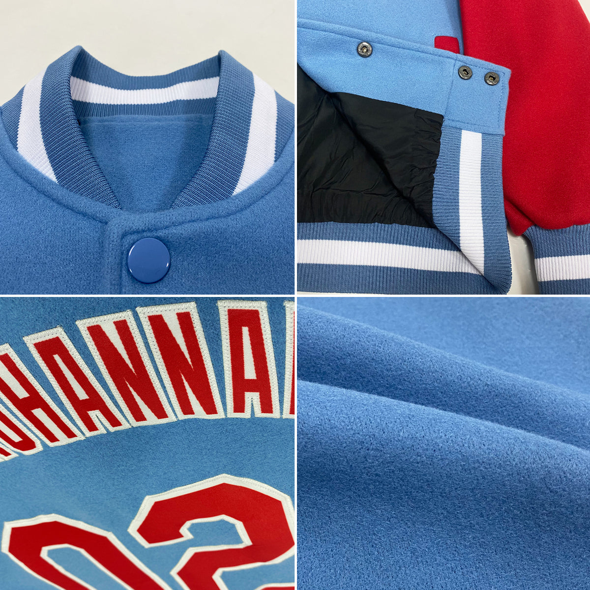 Custom Light Blue Red-White Bomber Full-Snap Varsity Letterman Two Tone ...