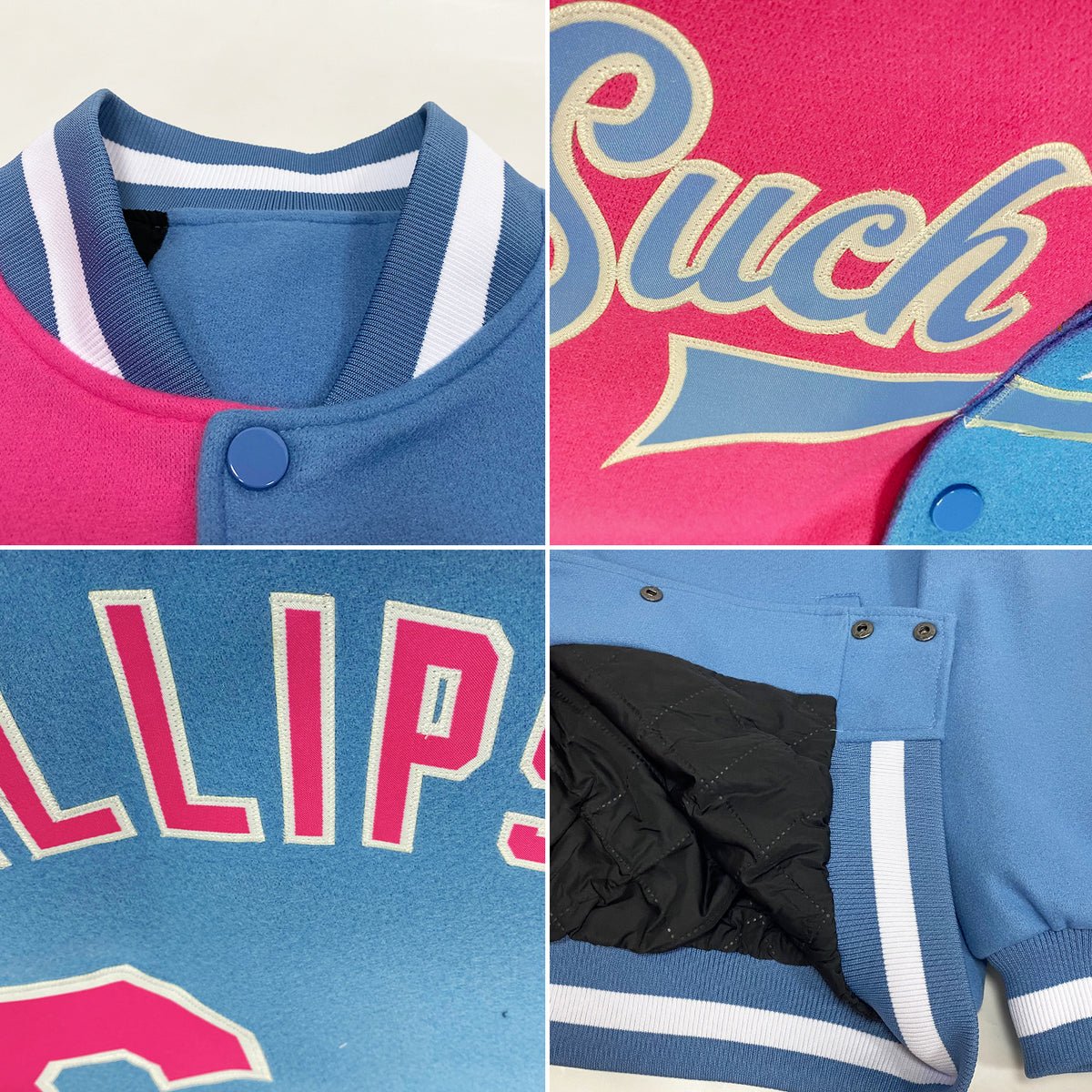 Custom Light Blue Pink-White Bomber Full-Snap Varsity Letterman Split ...