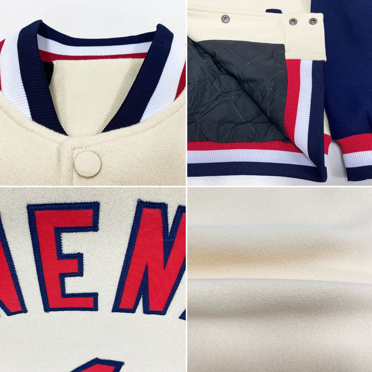 Custom Cream Red-Navy Bomber Full-Snap Varsity Letterman Two Tone Jack ...