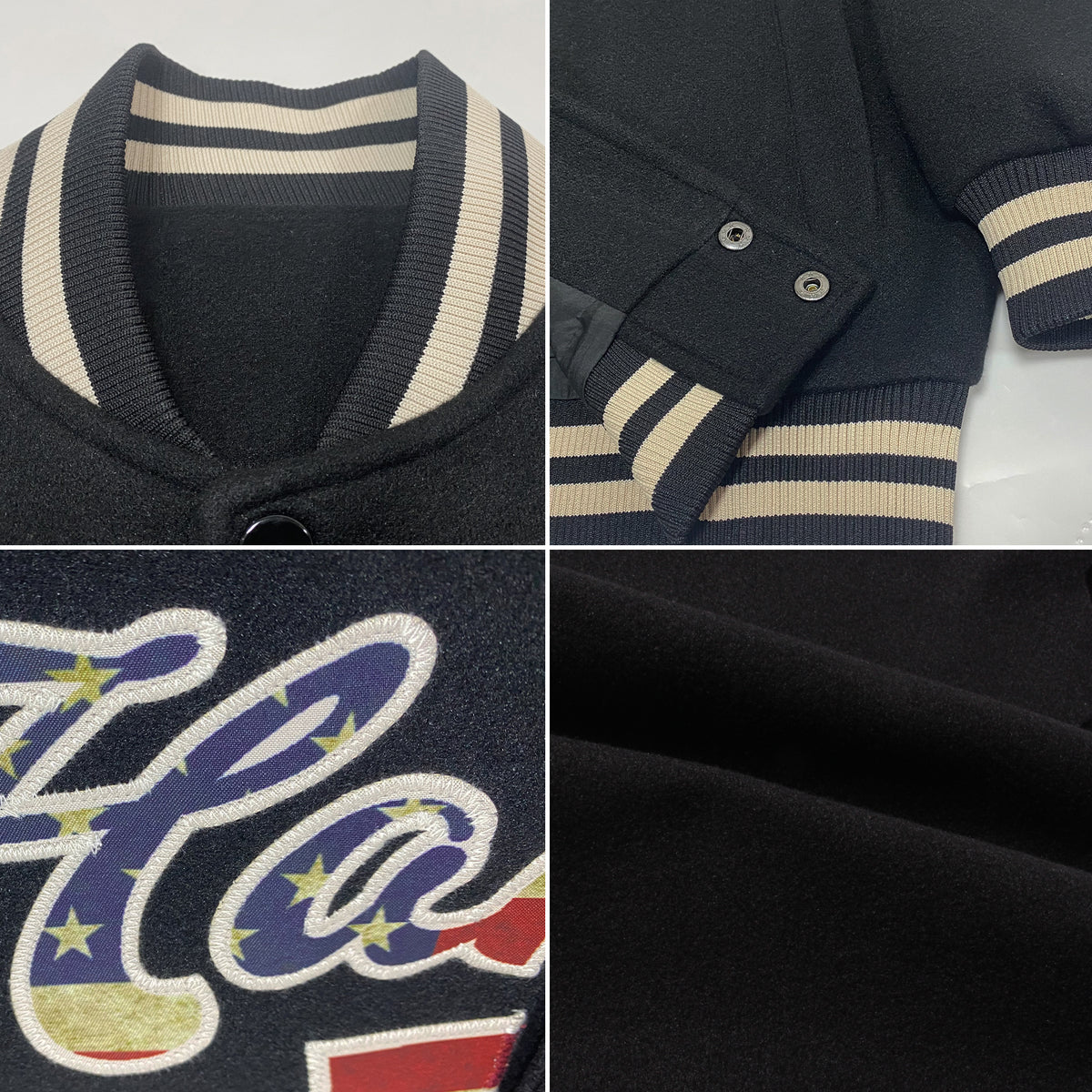 Custom Black Vintage USA Flag-Cream Bomber Full-Snap Varsity Letterman ...