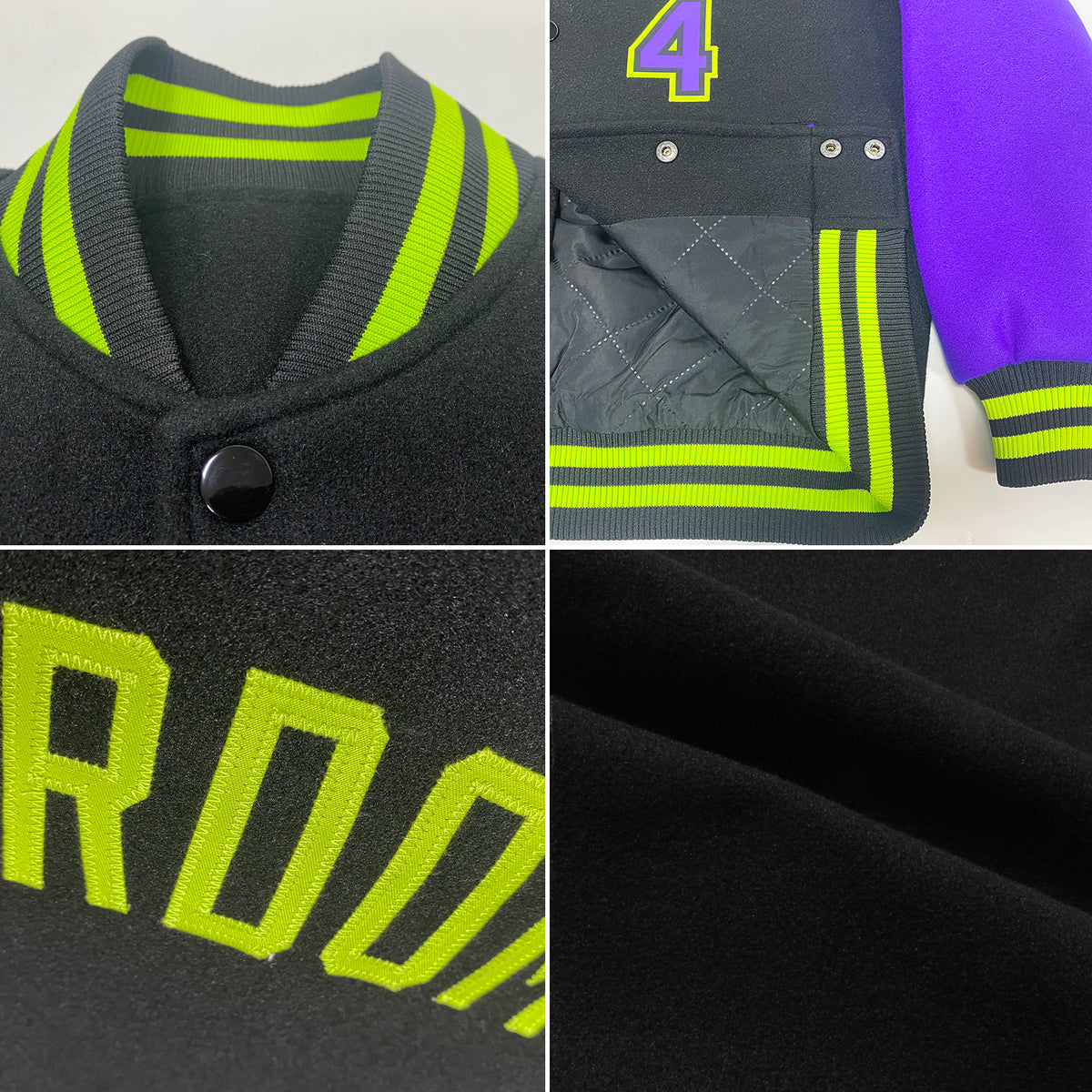 Custom Black Purple-Neon Green Bomber Full-Snap Varsity Letterman Two ...