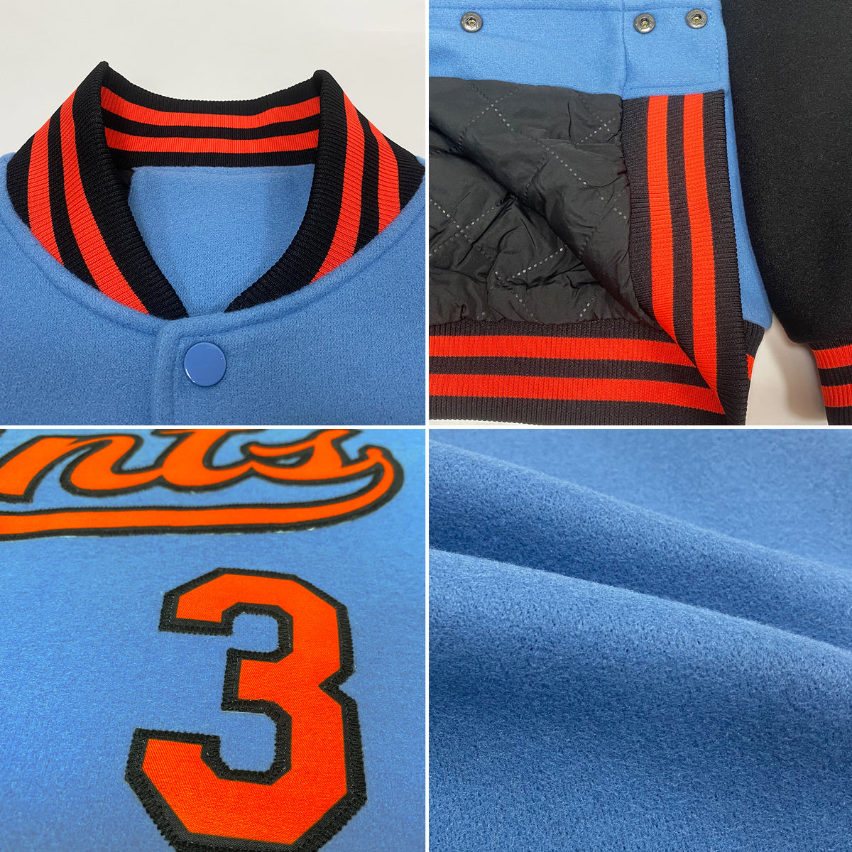 Custom Light Blue Orange-Black Bomber Full-Snap Varsity Letterman Two ...