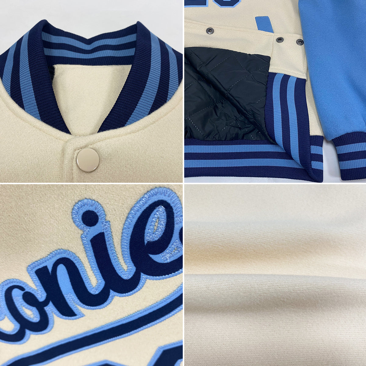 Custom Cream Navy-Light Blue Bomber Full-Snap Varsity Letterman Two ...