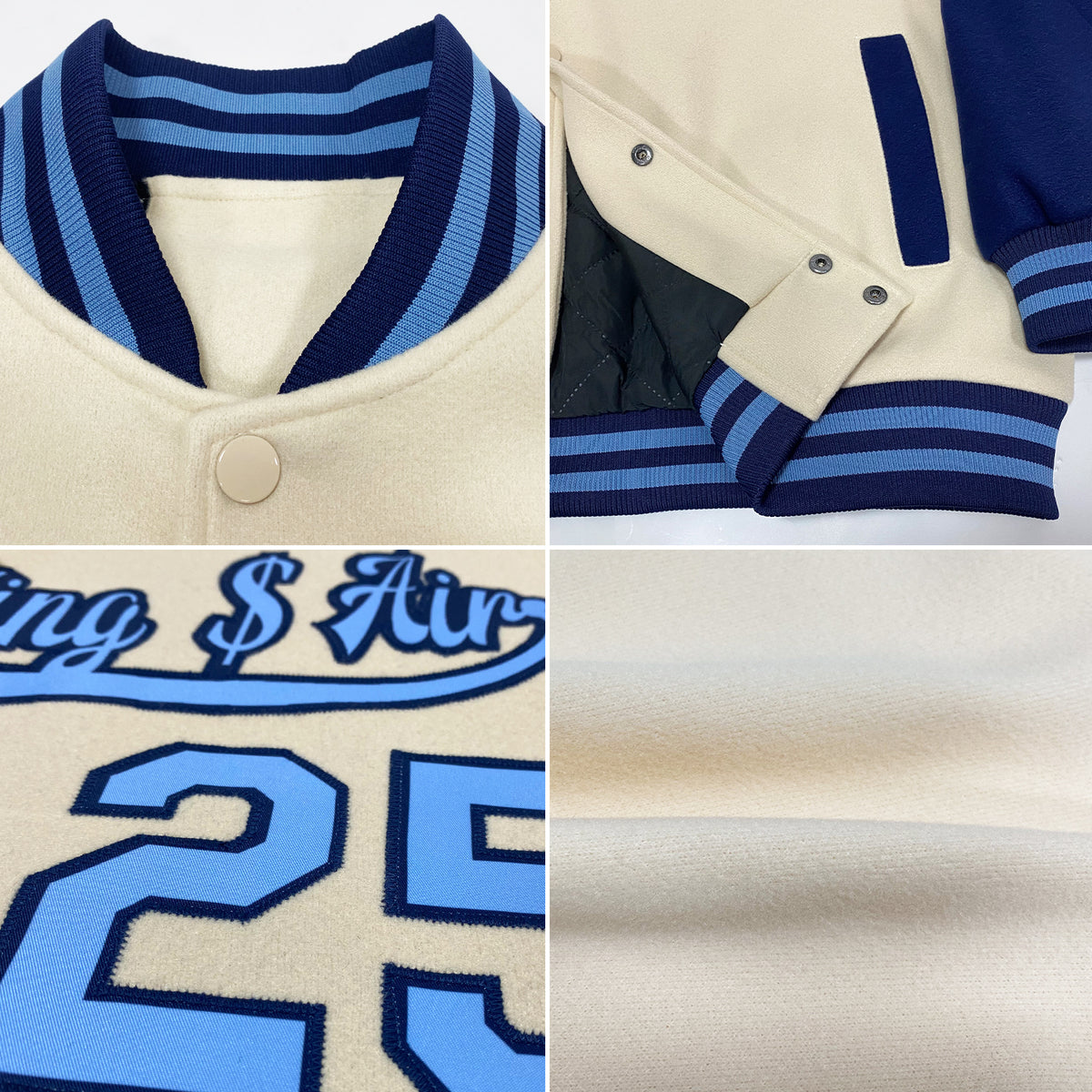 Custom Cream Light Blue-Navy Bomber Full-Snap Varsity Letterman Two ...