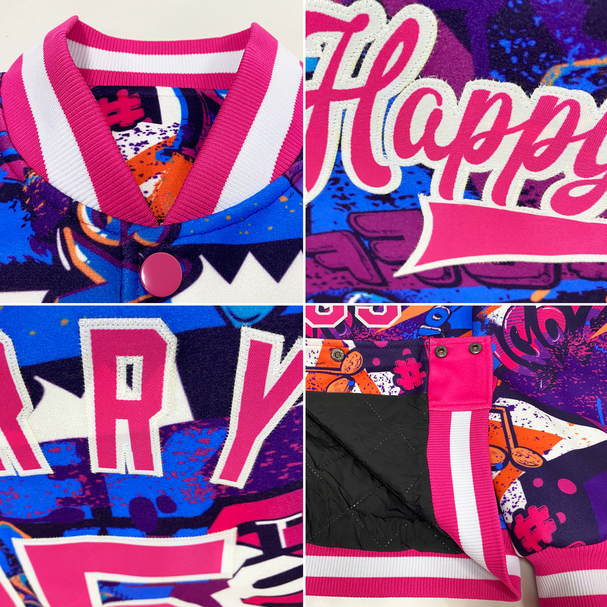Custom Graffiti Pattern Pink-White Words 3D Bomber Full-Snap Varsity ...