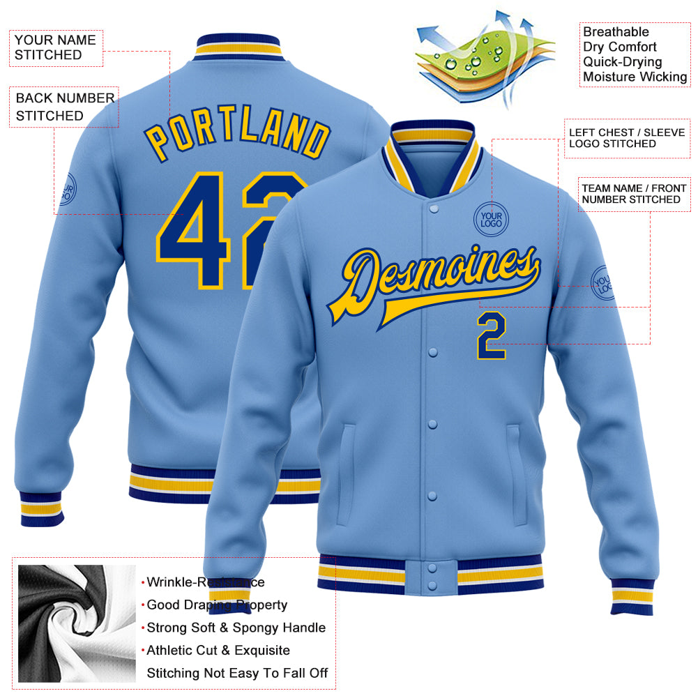 Custom Light Blue Royal-Yellow Bomber Full-Snap Varsity Letterman Jack ...