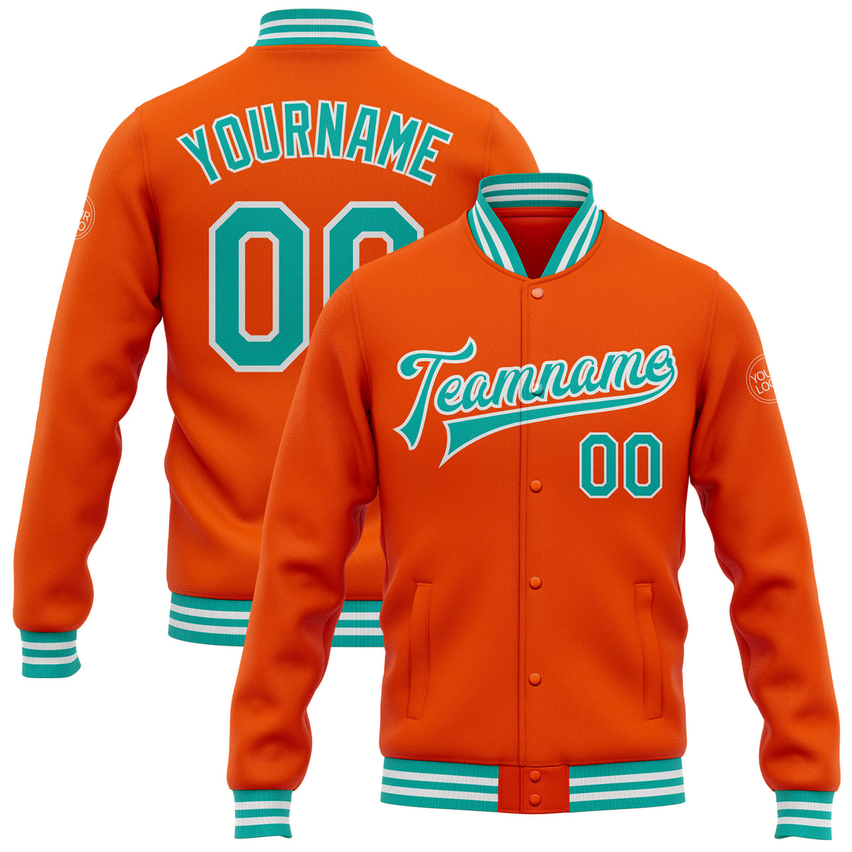 Custom Orange Aqua-White Bomber Full-Snap Varsity Letterman Jacket Free ...