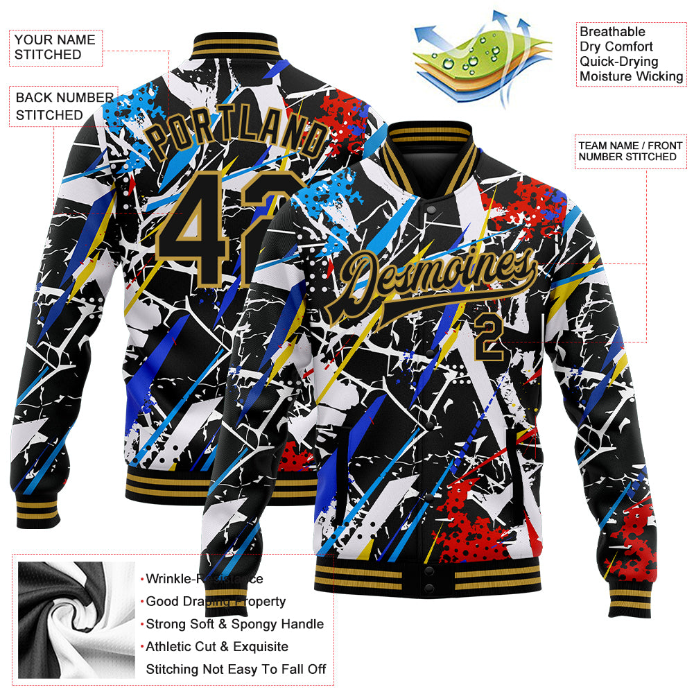 Custom Graffiti Pattern Black-Old Gold Grunge Art 3D Bomber Full-Snap ...