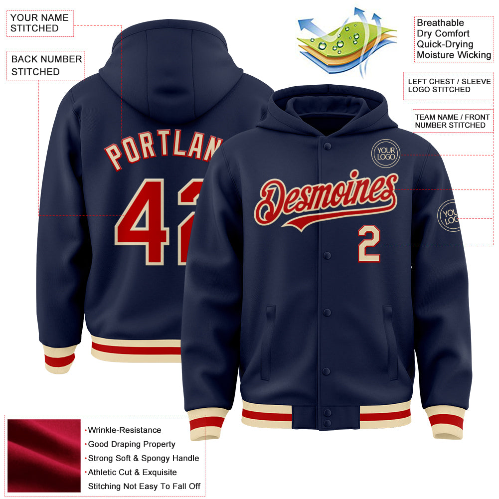 Custom Navy Red-Cream Bomber Full-Snap Varsity Letterman Hoodie Jacket ...