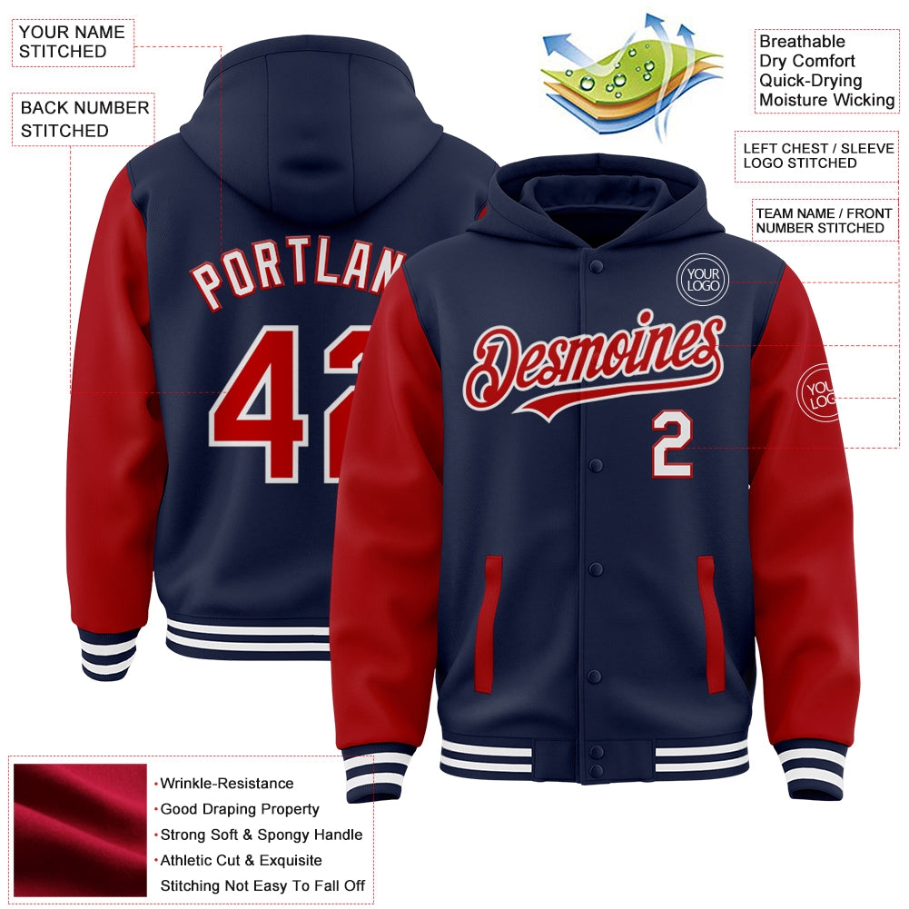 Custom Navy Red-White Bomber Full-Snap Varsity Letterman Two Tone ...