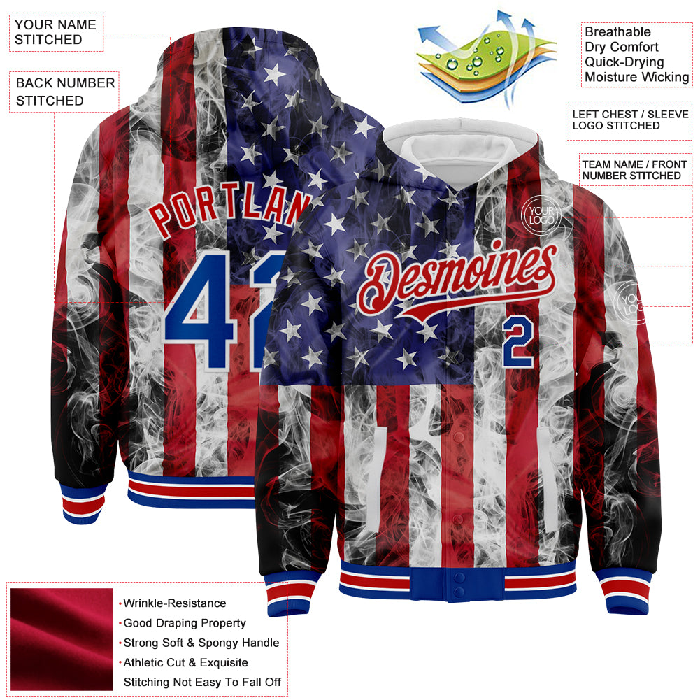 Custom White Royal-Red American Flag Fashion 3D Bomber Full-Snap ...
