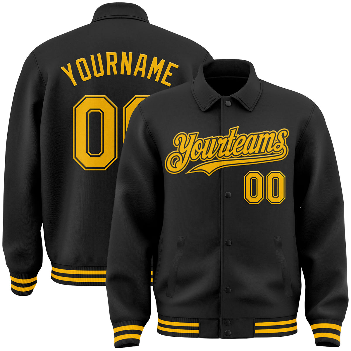 Custom Black Gold Bomber Full-Snap Varsity Letterman Lapel Collar Byron ...
