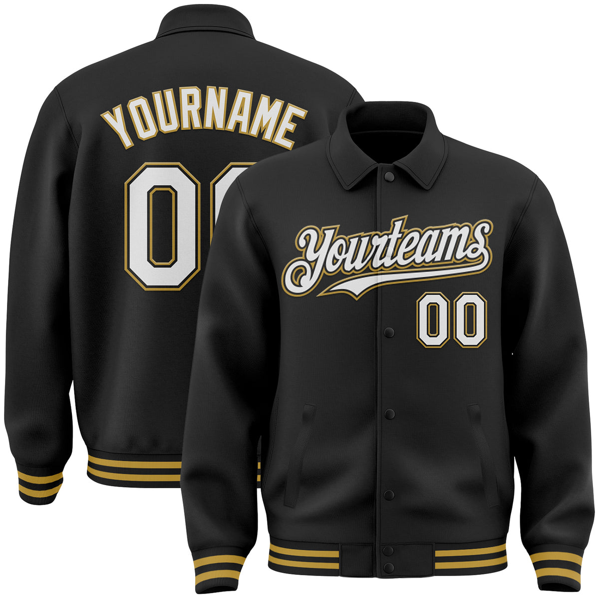 Custom Black White-Old Gold Bomber Full-Snap Varsity Letterman Lapel ...