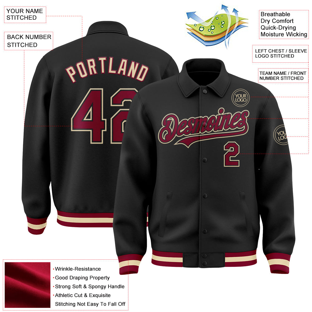 Custom Black Maroon-Cream Bomber Full-Snap Varsity Letterman Lapel ...
