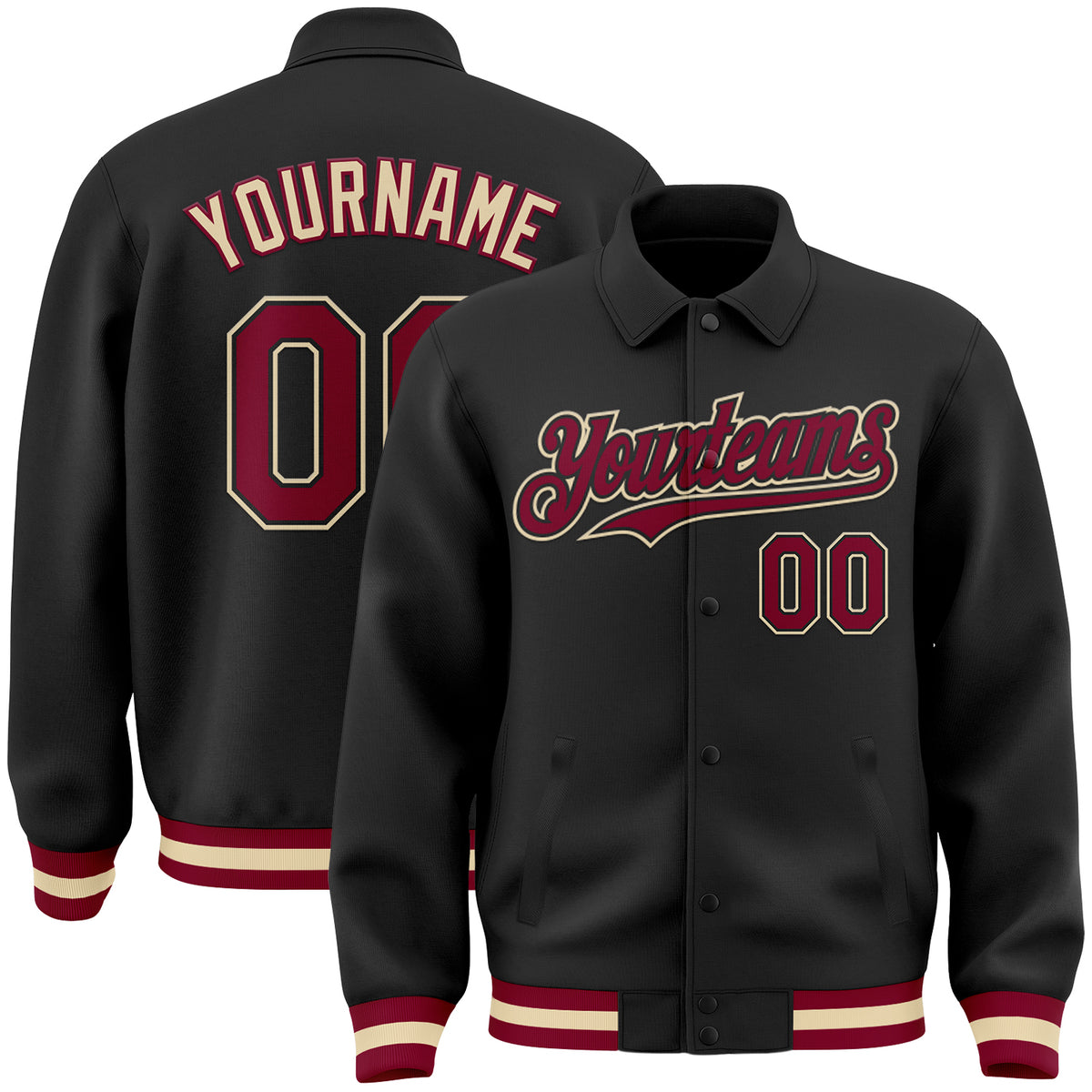 Custom Black Maroon-Cream Bomber Full-Snap Varsity Letterman Lapel ...